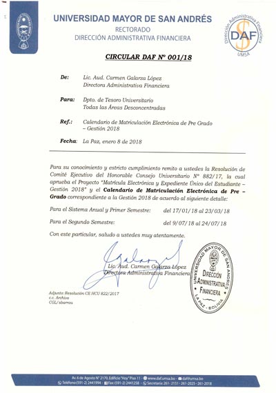 CIRCULAR DAF 2018 - DAF - Universidad Mayor de San Andrés