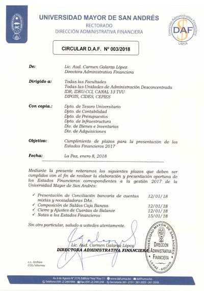 CIRCULAR DAF 2018 - DAF - Universidad Mayor de San Andrés