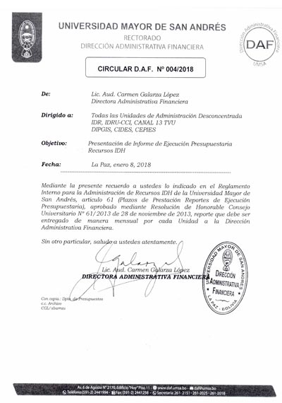 CIRCULAR DAF 2018 - DAF - Universidad Mayor de San Andrés